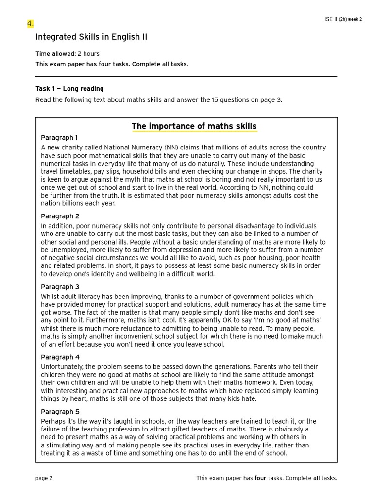 ISE II WS 2 Task 1 Maths Skills | PDF | Literacy | Teaching Mathematics