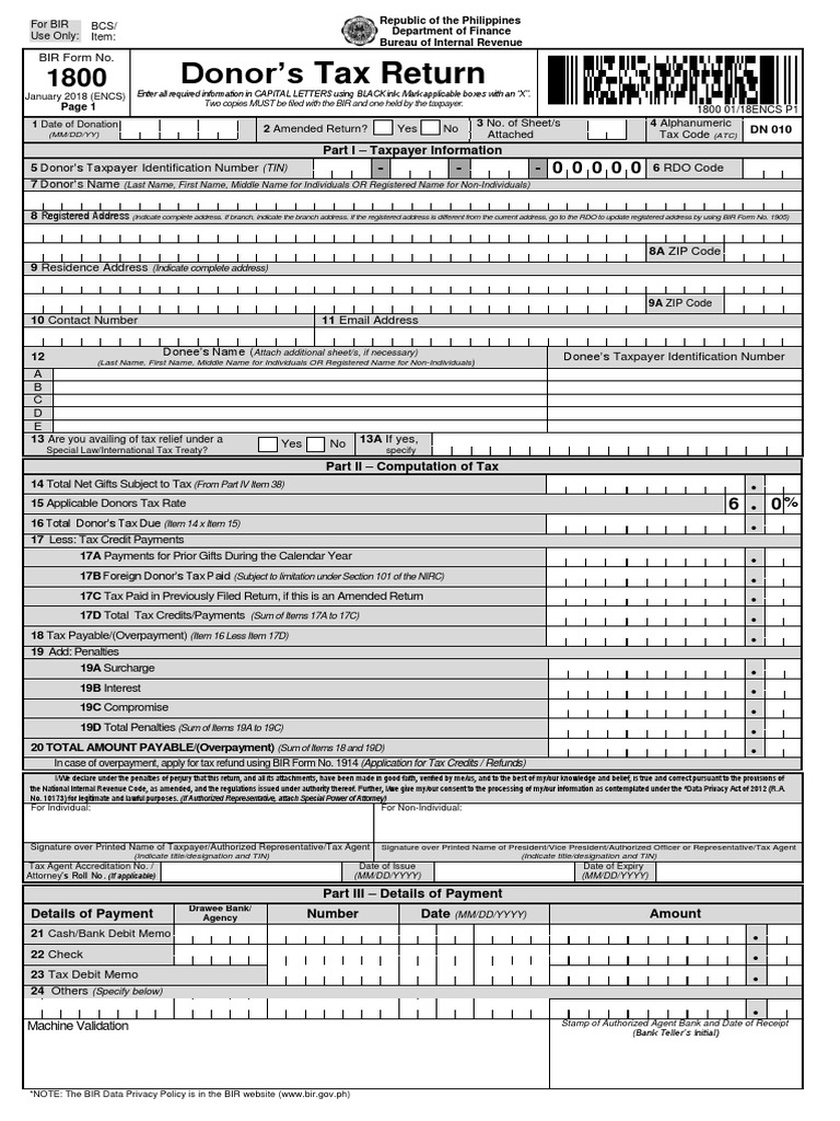 BIR Form 1800 | PDF | Tax Refund | Internal Revenue Service