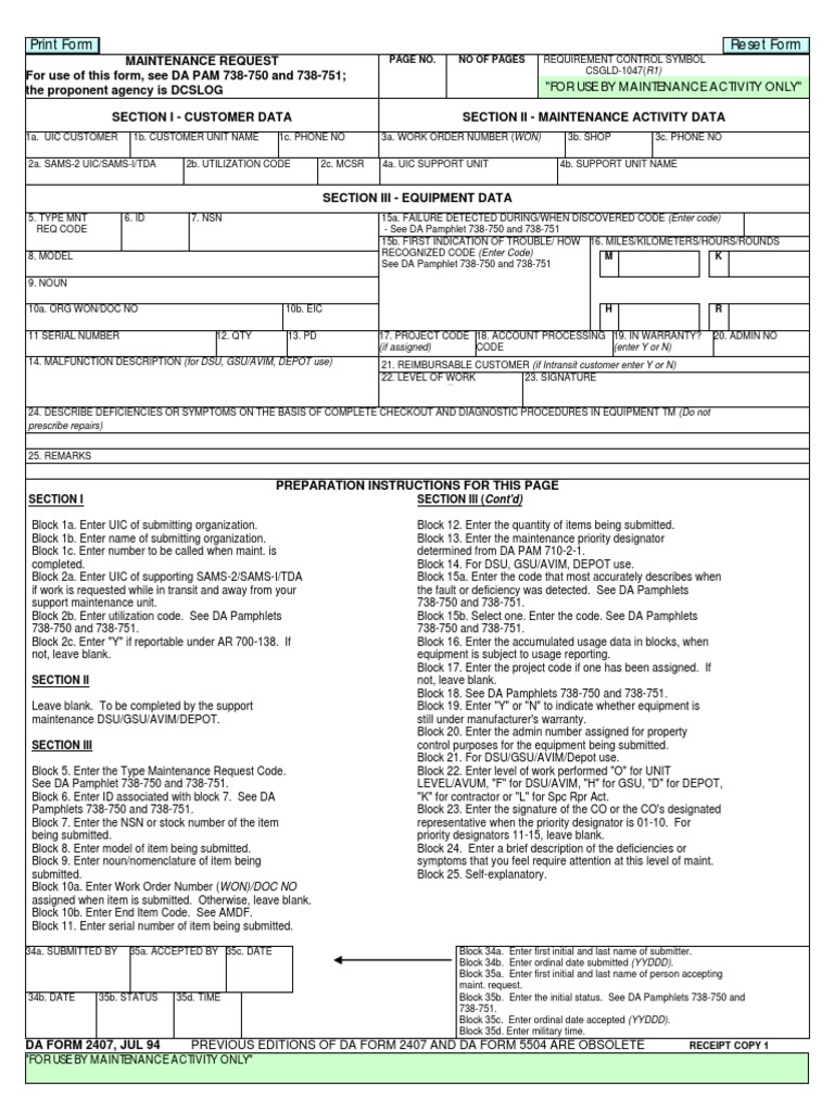 Reset Form Print Form: - See DA Pamphlet 738-750 and 738-751 | PDF ...