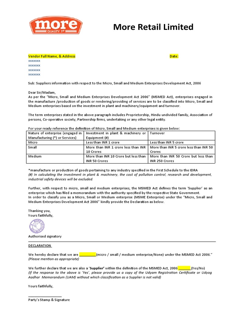 MSME Declaration Format - Revised | PDF | Small And Medium Sized ...