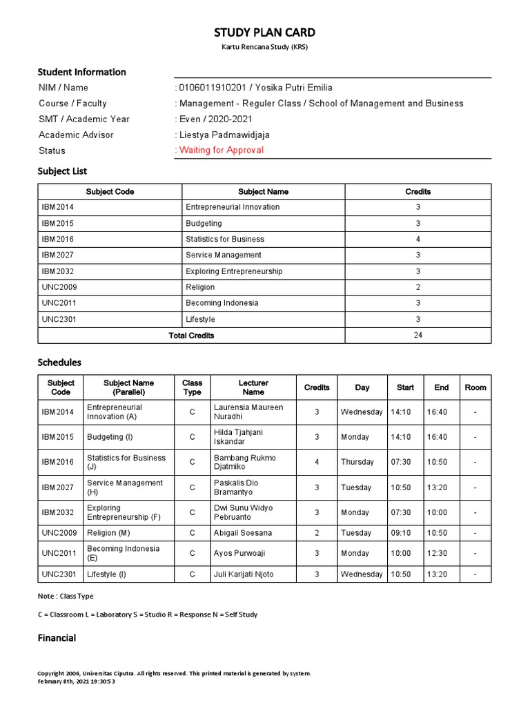 Study Plan Card Yosika Putri Emilia 2021 - 02 - 08 1930 | PDF ...