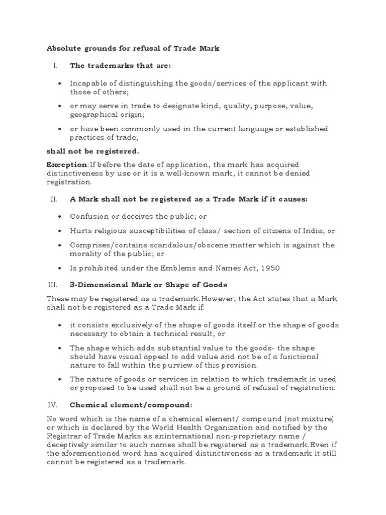 Absolute Grounds For Refusal of Trade Mark 2 (Word) | PDF | Trademark ... Absolute Grounds For Refusal of Trade Mark 2 (Word) | PDF | Trademark ...