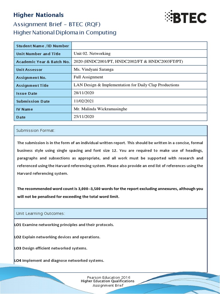 Assignment Brief - BTEC (RQF) Higher National Diploma in Computing ...