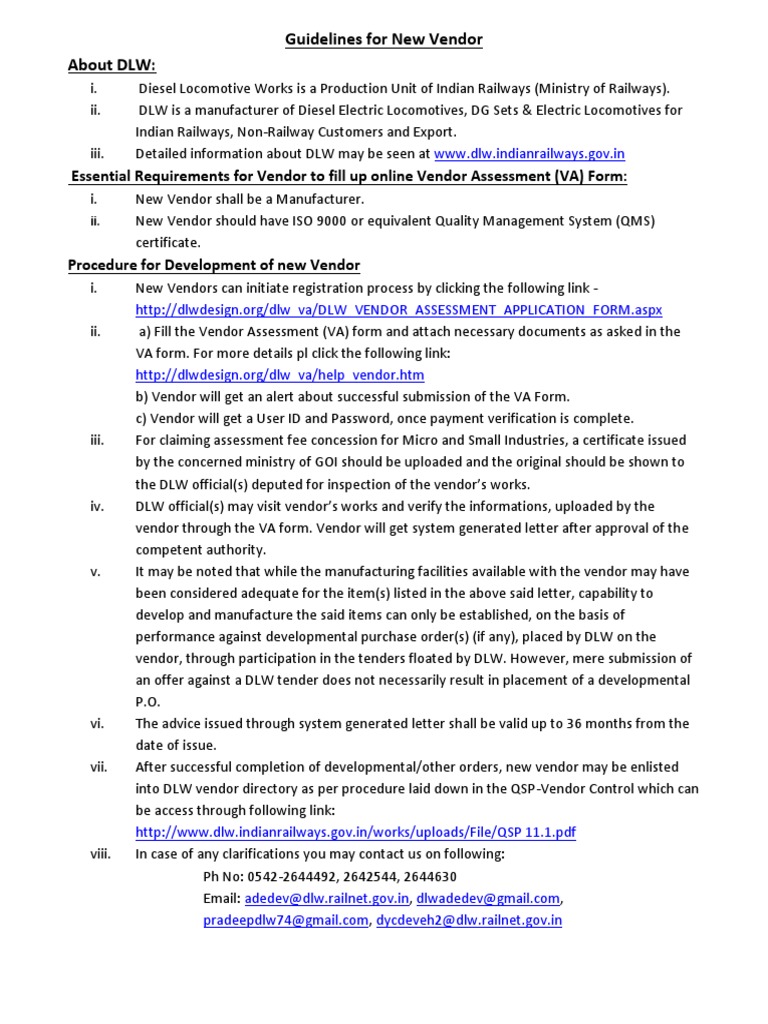 Guidelines For New Vendor About DLW:: Essential Requirements For Vendor ...