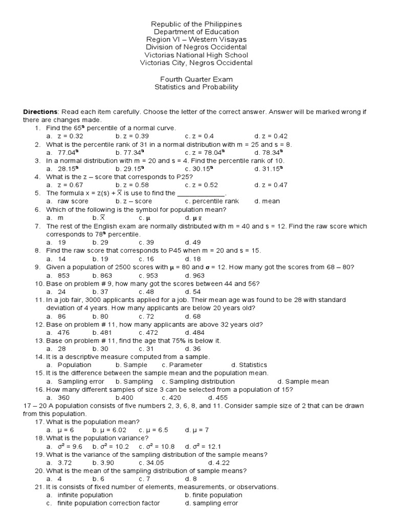 4th Quarter Exam Stat and Prob | PDF | Standard Error | Sampling (Statistics)
