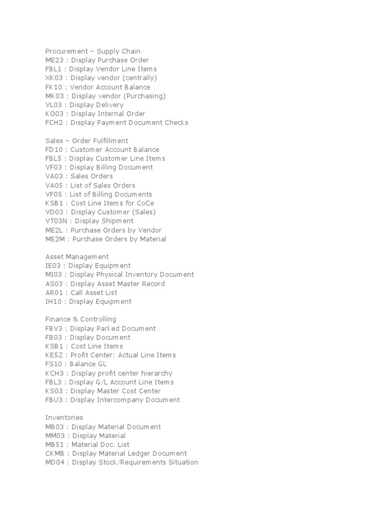 SAP T-Code List | PDF