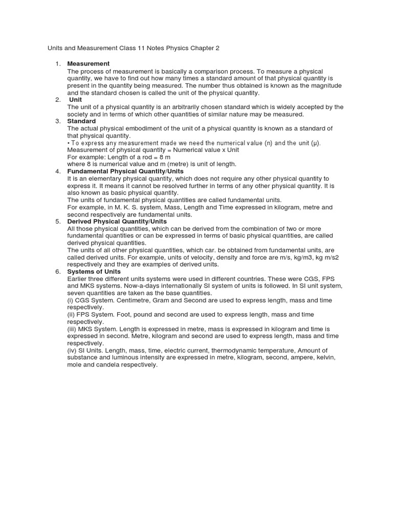 Units and Measurement Class 11 Notes Physics Chapter 2 | PDF ...
