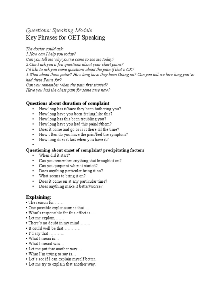 Key Phrases For OET Speaking | PDF | Pain