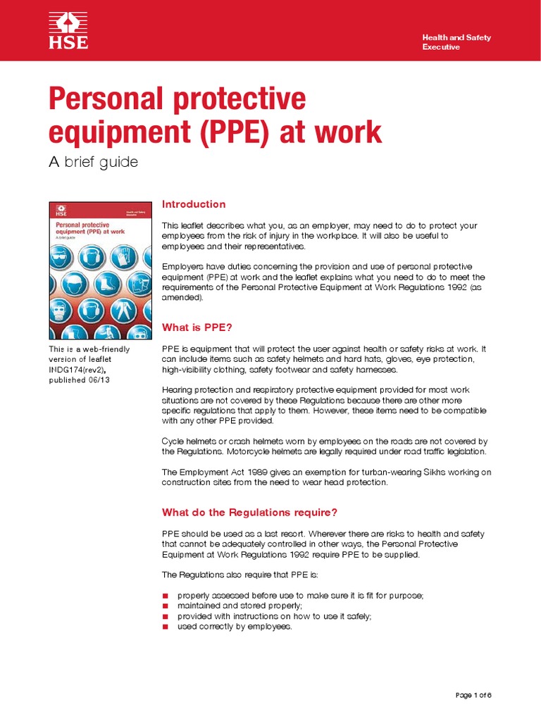 Personal Protective Equipment (PPE) at Work: A Brief Guide | PDF
