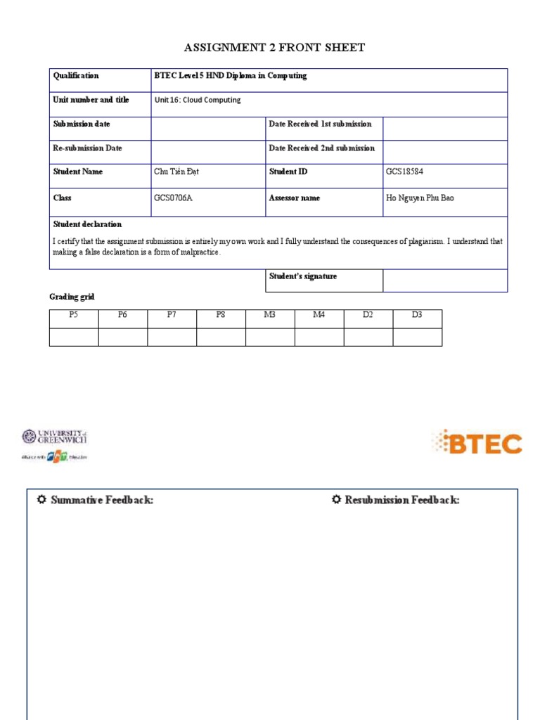 Assignment 2 Front Sheet: Qualification BTEC Level 5 HND Diploma in Computing Unit Number and ...