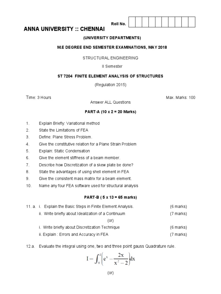 Anna University:: Chennai: Roll No | PDF | Bending | Finite Element Method