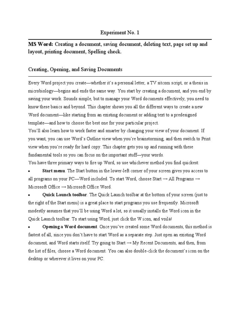 MS Word: Creating A Document, Saving Document, Deleting Text, Page Set ...