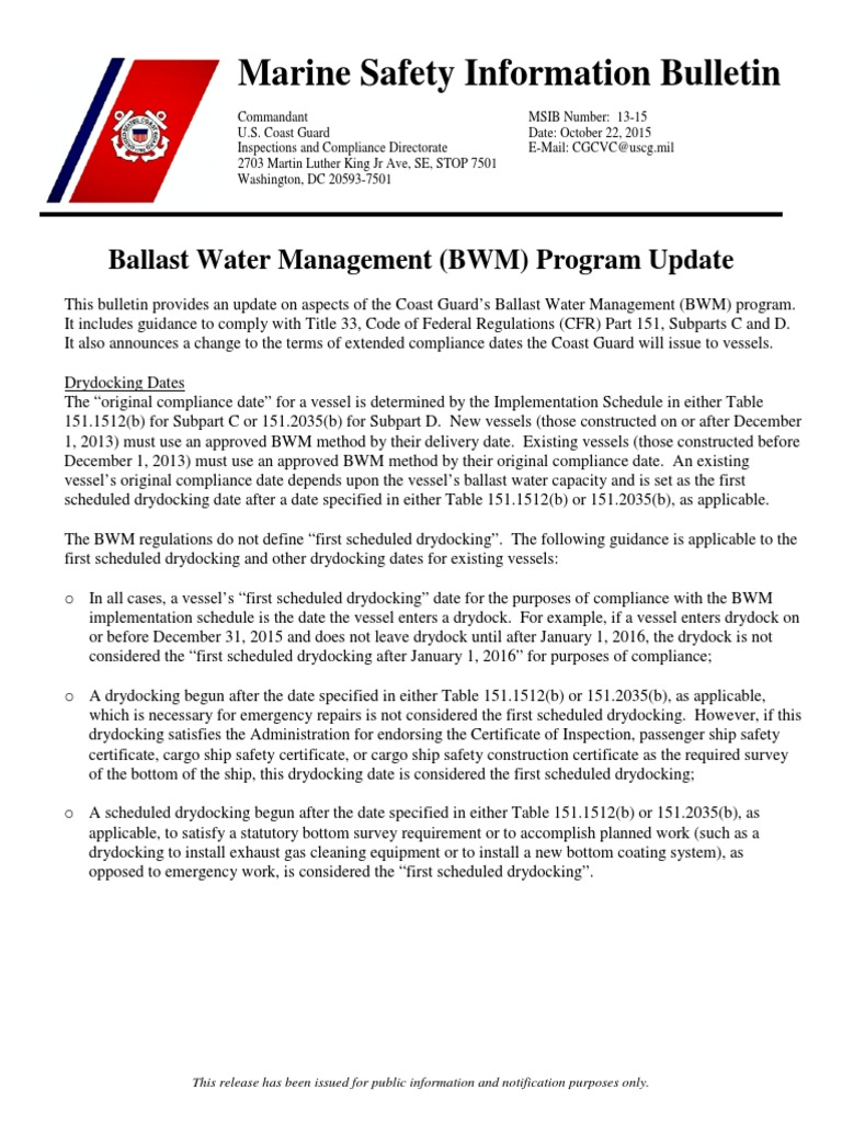 Marine Safety Information Bulletin: Ballast Water Management (BWM) Program Update | PDF ...