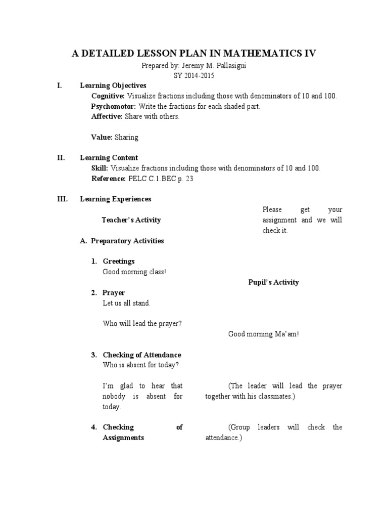 Mathematics IV Lesson Plan on Fractions | PDF | Human Nature | Behavior ...