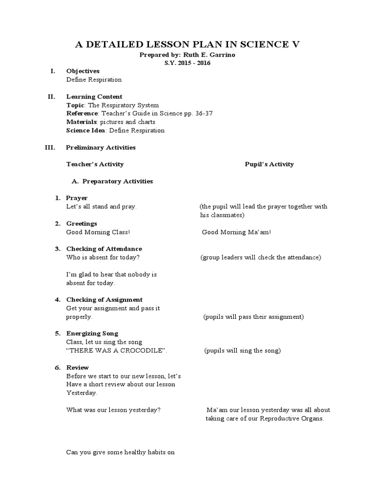 A Detailed Lesson Plan in Science V | PDF | Respiratory System | Breathing