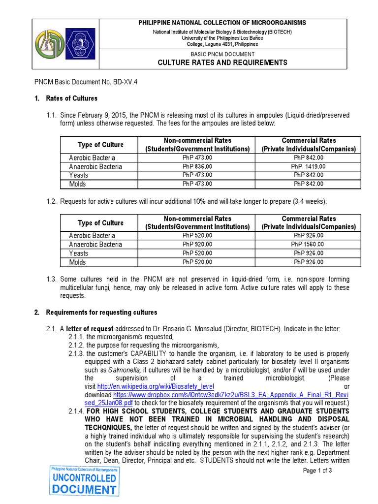 Basic PNCM Document Culture Rates and Requirements Uplb | PDF ...