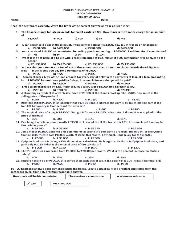 7th Grade Commission and Discount Problems | PDF | Prices | Financial ...