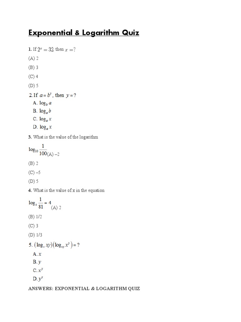 Exponential and Logarithm Quiz | PDF | Logarithm | Exponential Function