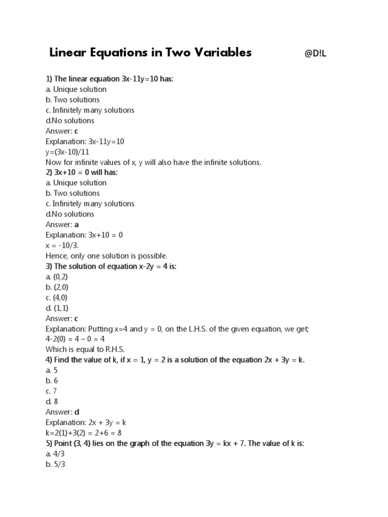 Linear Equations in Two Variables | PDF | Cartesian Coordinate System ...