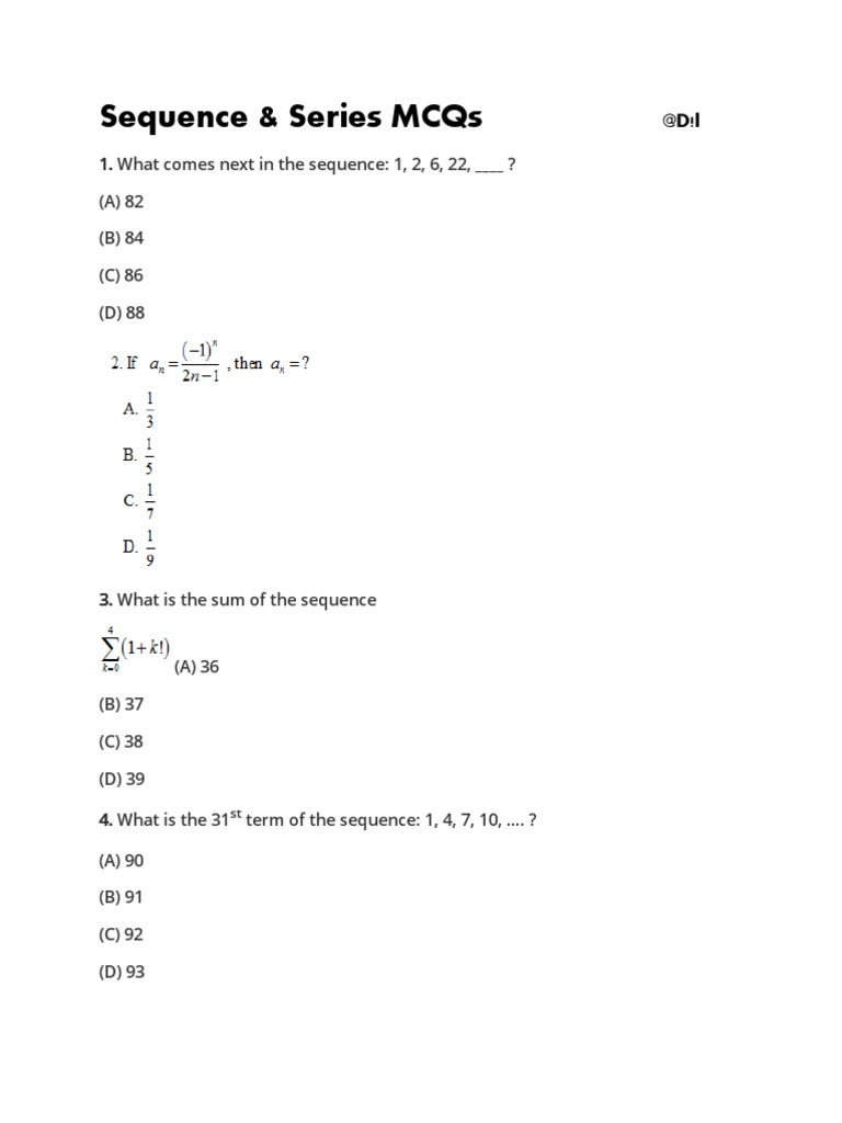 Sequence & Series MCQs | PDF | Summation | Elementary Mathematics