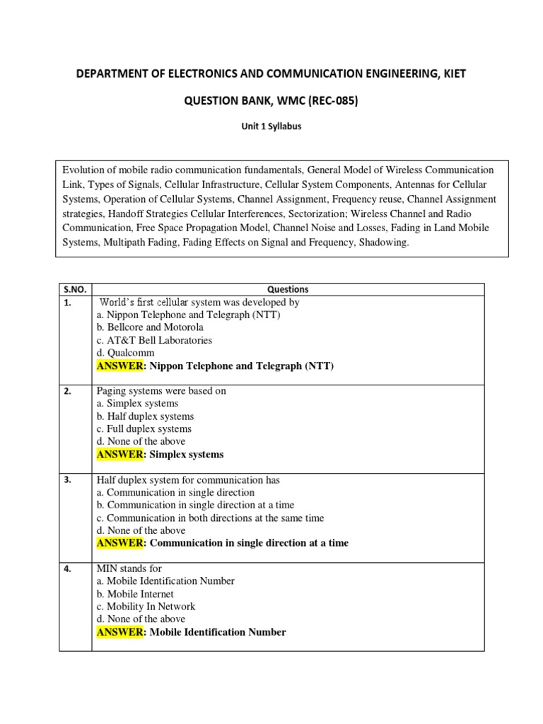 Wireless Communication Quiz Bank | PDF | Channel Access Method | Cellular Network