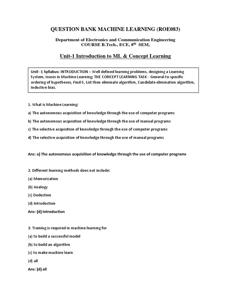 MCQ Unit Wise ML (ROE083) Que Bank With Ans. | PDF | Machine Learning ...