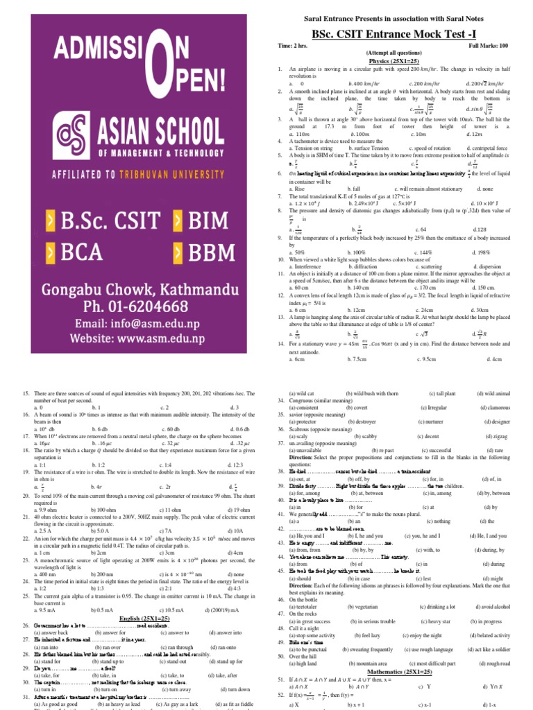 Bsc. Csit Entrance Mock Test - I: Saral Entrance Presents in ...