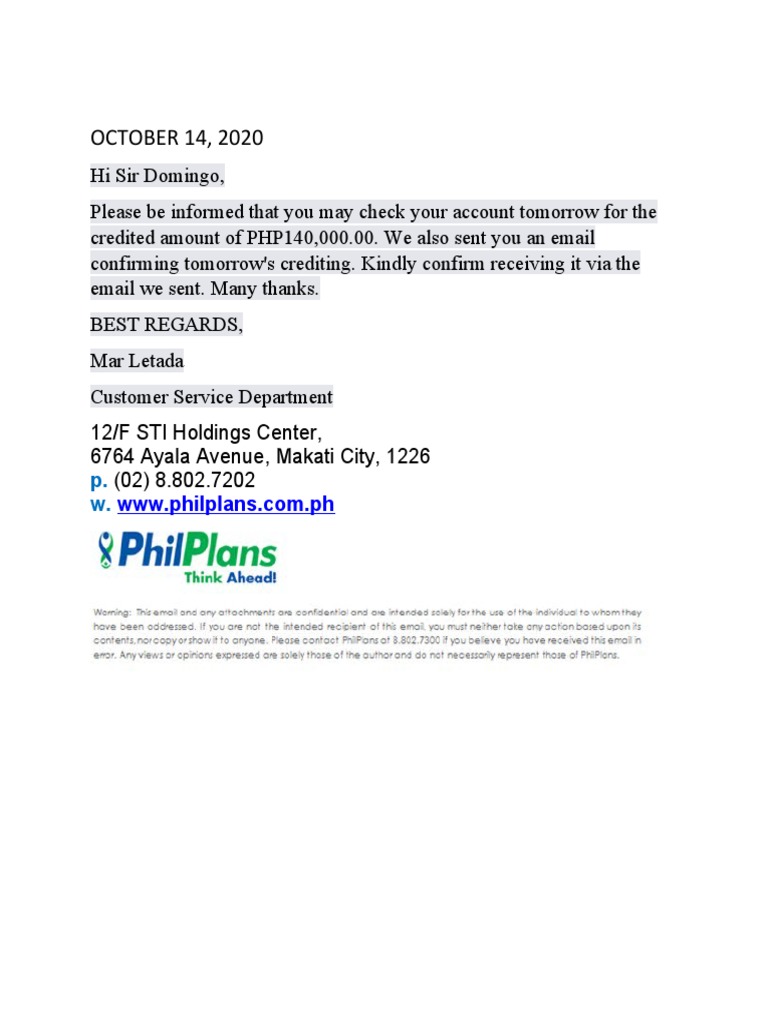 Letter From PhilPlans First, Inc. | PDF | Payments | Financial Services