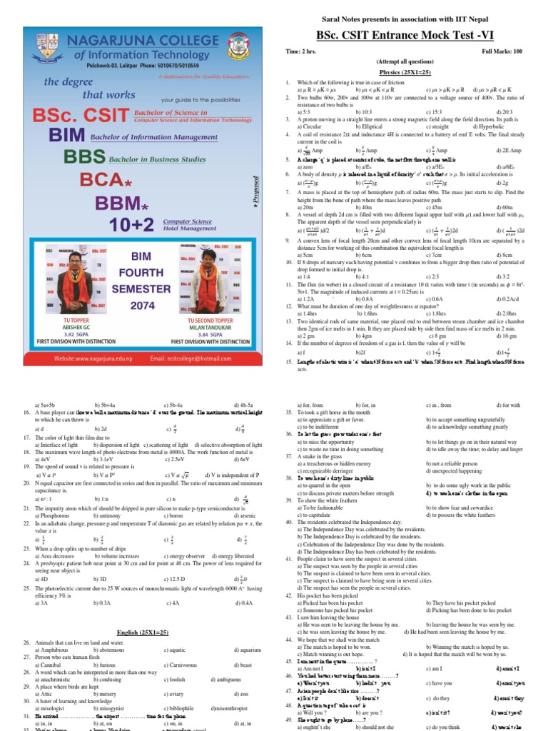 Bsc. Csit Entrance Mock Test - Vi: Saral Notes Presents in Association ...