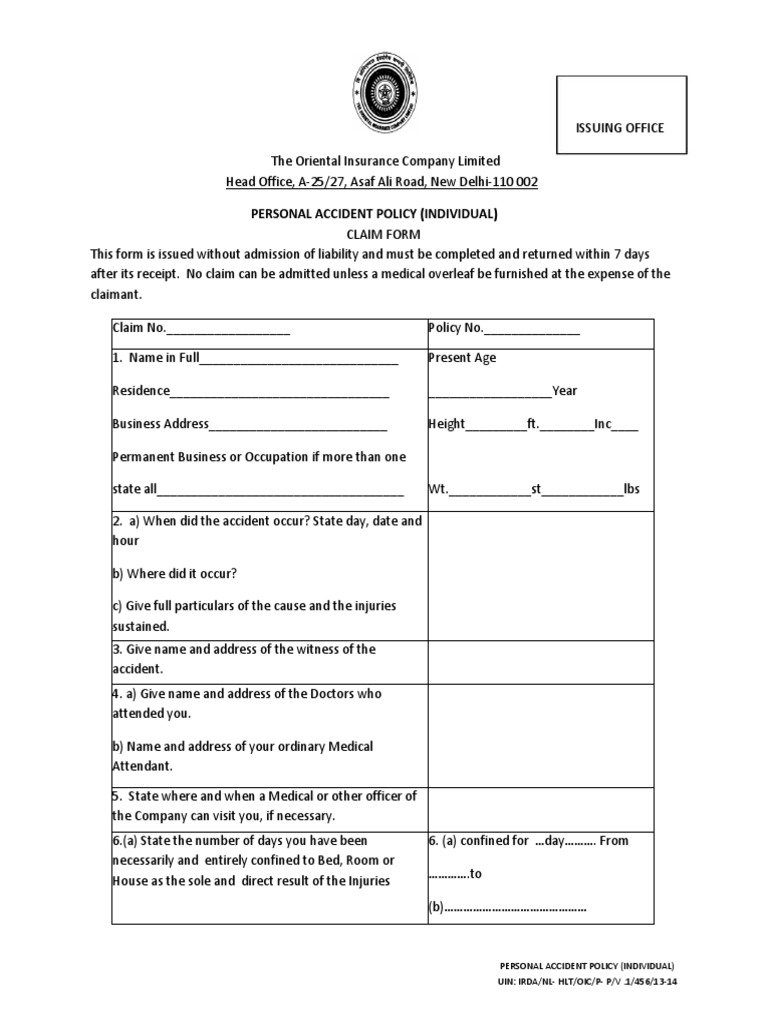 Individual Personal Accident Policy Claim Form | PDF | Common Law | Justice