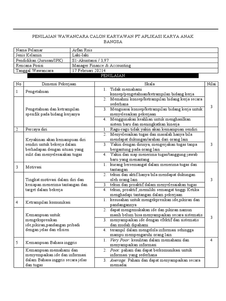 Form Penilaian Wawancara Calon Karyawan PT Aplikasi Karya Anak Bangsa | PDF
