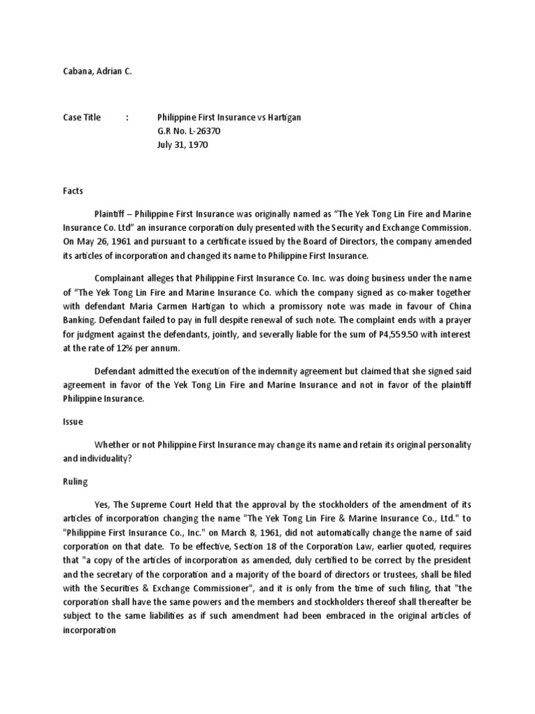 Philippine First Insurance Vs Hartigan | PDF | Law