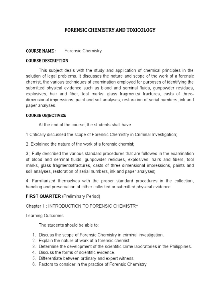Forensic Chemistry and Toxicology: FIRST QUARTER (Preliminary Period ...