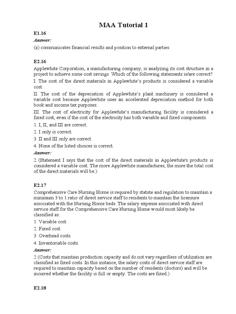 MAA Tutorial 1 | PDF | Cost | Depreciation