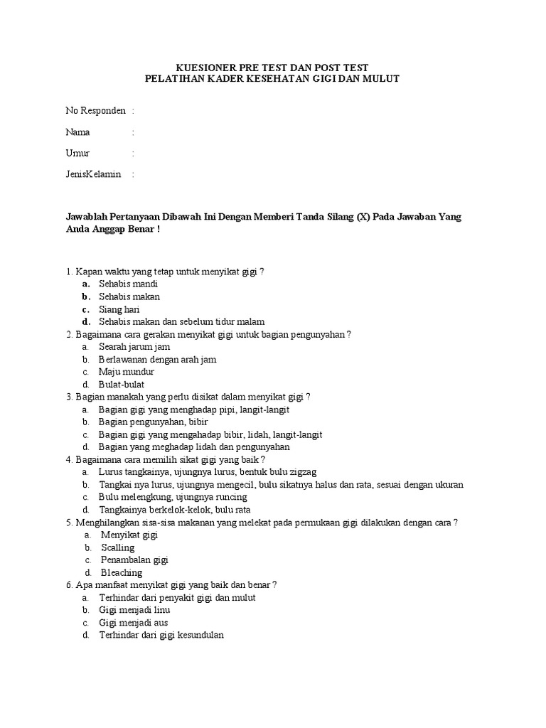 LEMBAR KUESIONER PRE TEST DAN POST TEST - Baru | PDF