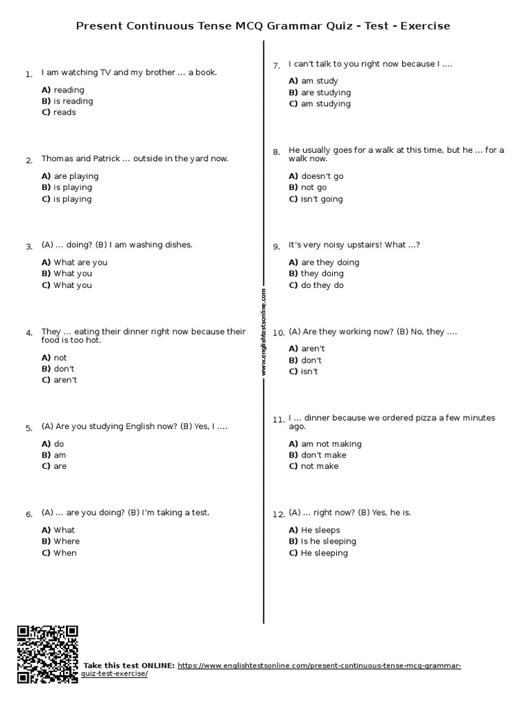 761 Present Continuous Tense MCQ Grammar Quiz Test Exercise | PDF