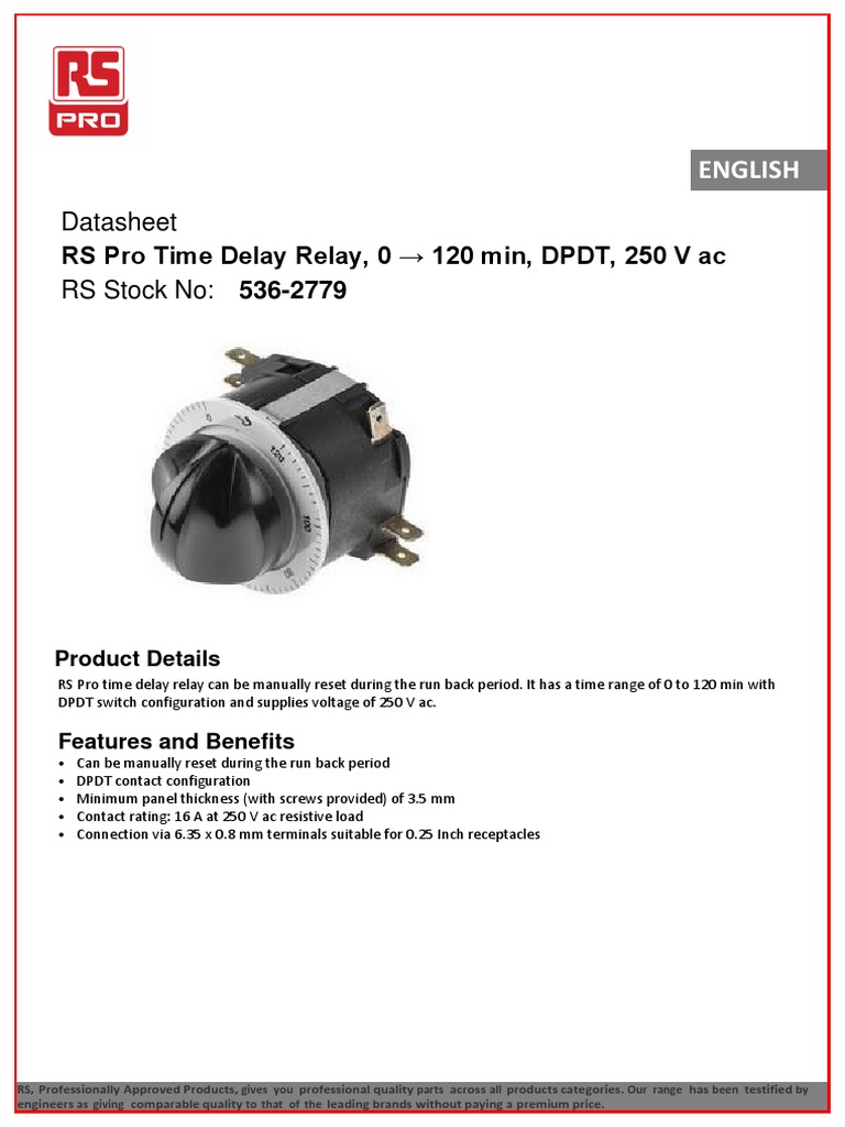 Datasheet: RS Pro Time Delay Relay, 0 120 Min, DPDT, 250 V Ac 536-2779 ...