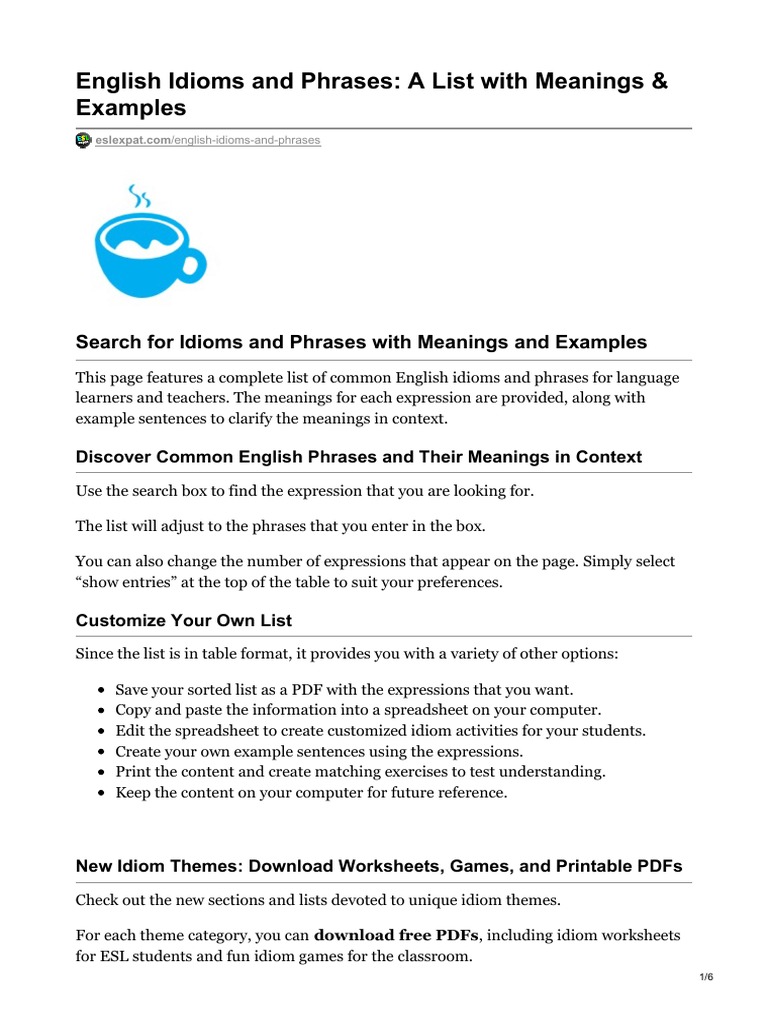 English Idioms and Phrases A List With Meanings Amp Examples | PDF ...