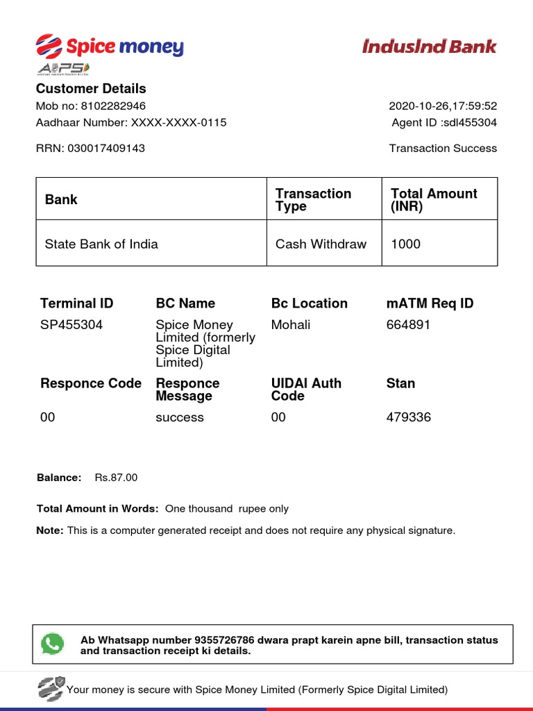1000 INR Cash Withdrawal Receipt | PDF