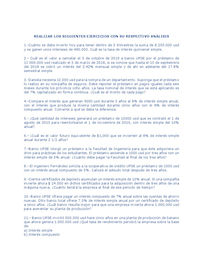 Ejercicios Int. Simple y Compuesto | PDF | Interés | Bancos