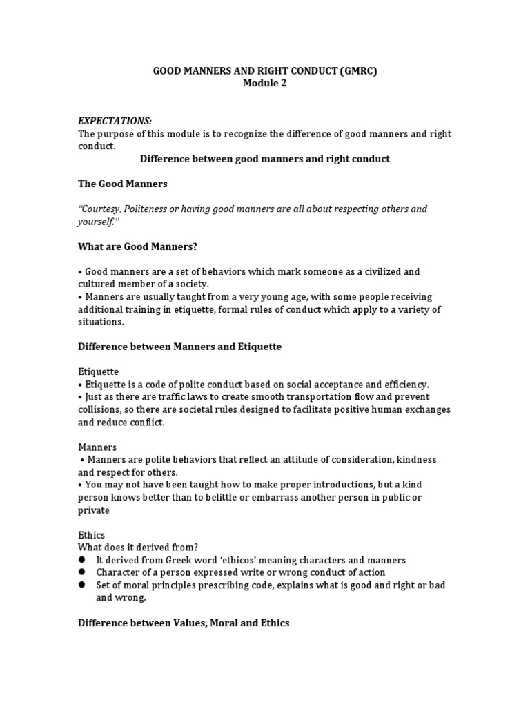 Expectations:: Good Manners and Right Conduct (GMRC) | PDF | Etiquette | Value (Ethics)