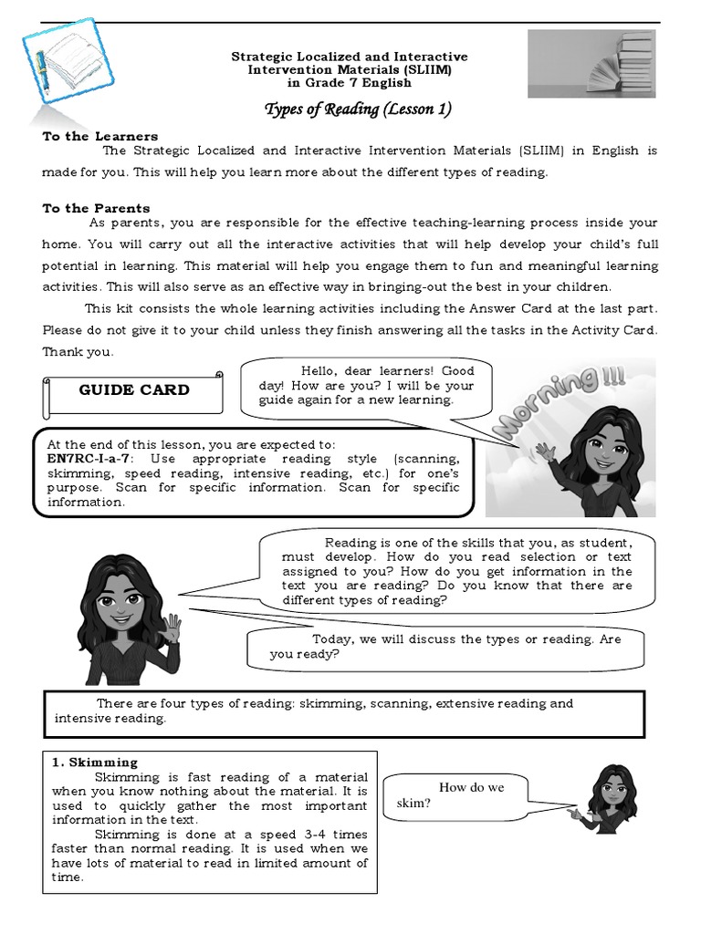 Types Of Reading Lesson 1 Guide Card PDF Phobia Speed Reading