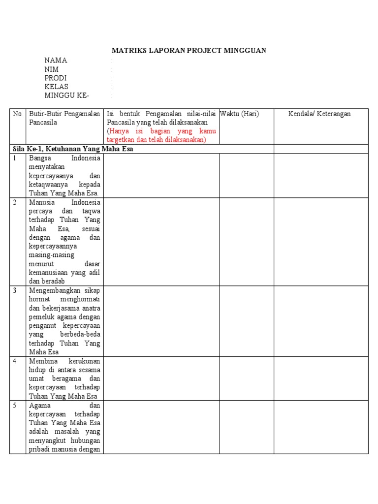 Matriks Laporan Project Mingguan | PDF