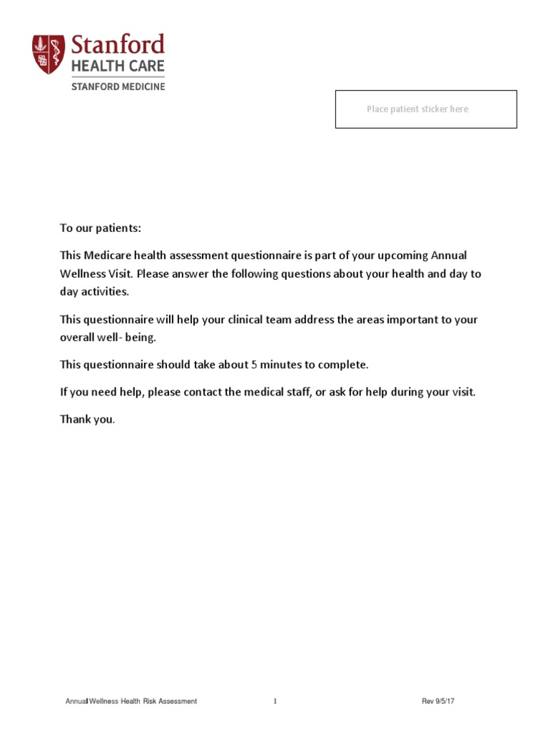 Medicare Health Assessment Questionnaire | Download Free PDF ...