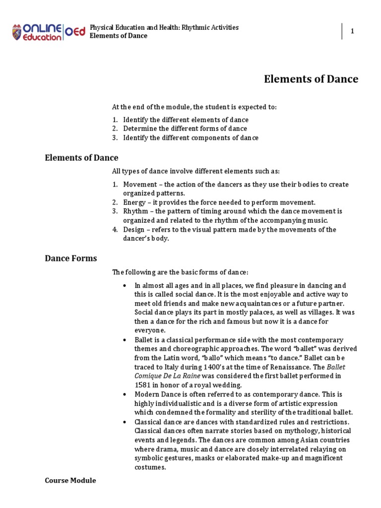 W10 Lesson 6 - Elements of Dance - Module | PDF | Dances | Ballet W10 Lesson 6 - Elements of Dance - Module | PDF | Dances | Ballet