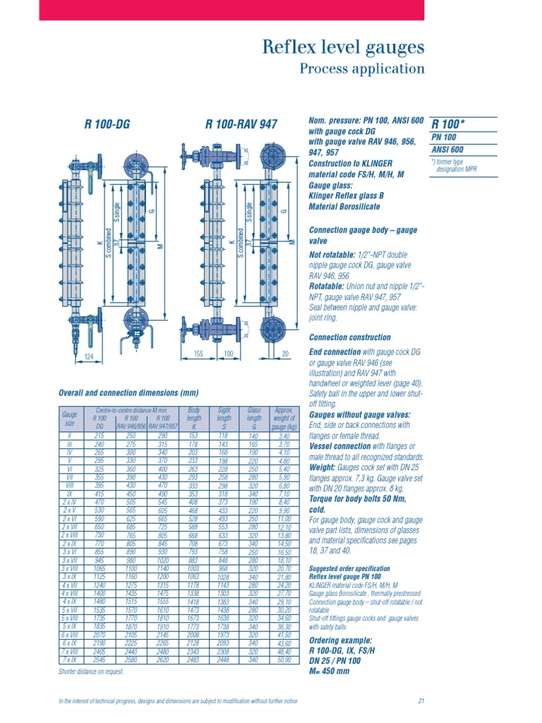 Klinger R100 Reflex Level Gauge | PDF | Valve | Plumbing
