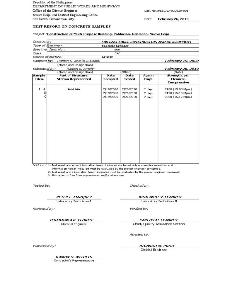 Concrete Strength Test Reports for the Construction of a Multi-Purpose ...