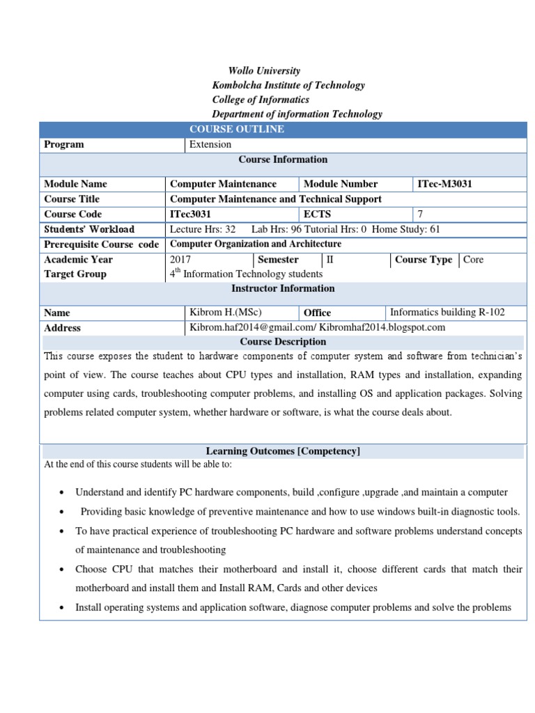Computer Maintenance Course Outline | PDF | Bios | Personal Computing