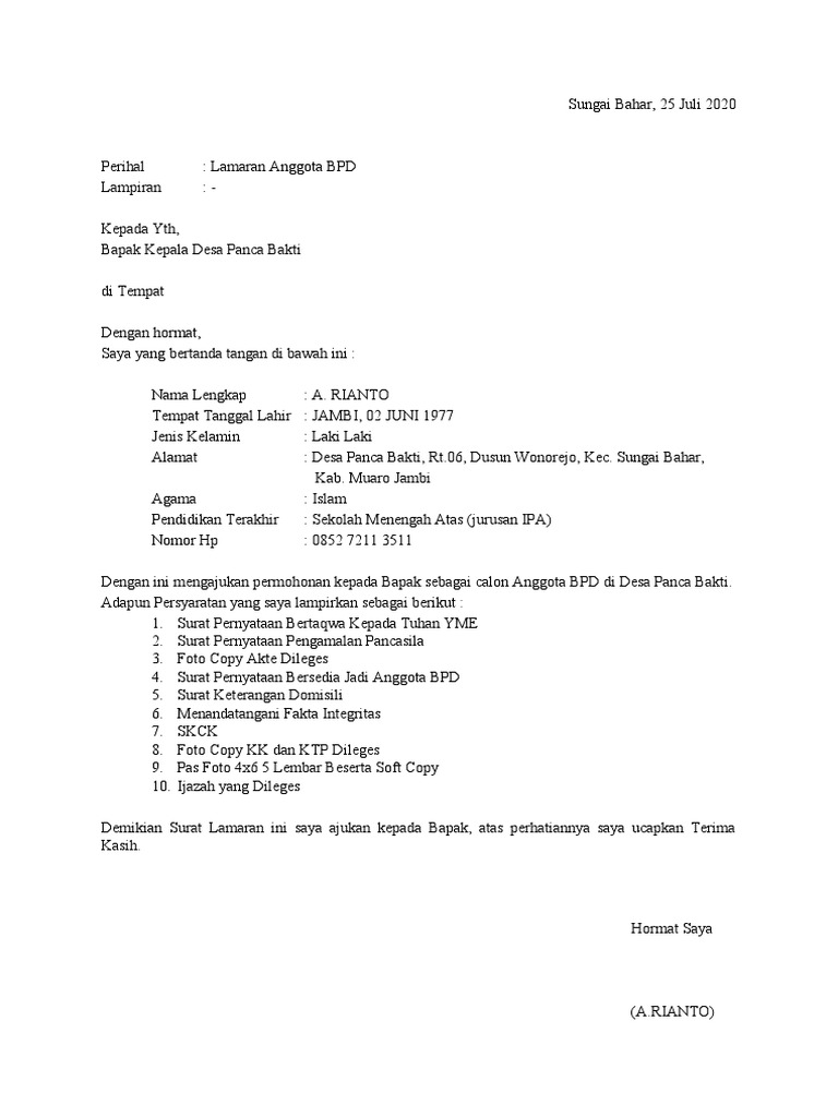 Lamaran Anggota BPD Desa Panca Bakti | PDF