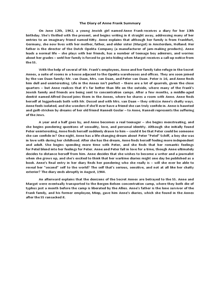 The Diary of Anne Frank Summary | PDF
